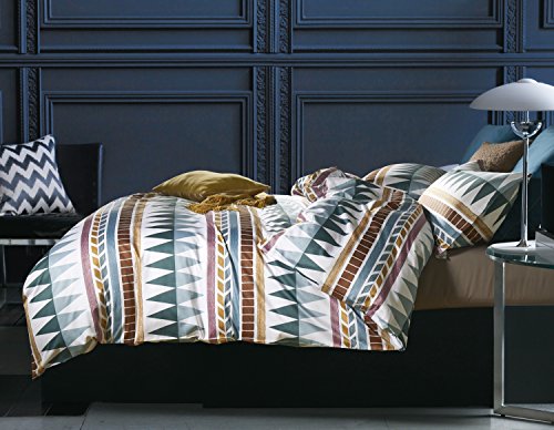 Bohemian Duvet Cover Striped Ethnic Boho Reversible Southwestern 400TC Cotton Bedding 3pc Set Navy White Orange Modern Geo Aztec Print (Teal Rust, King)