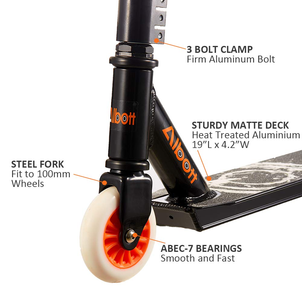 Albott Pro Scooters Stunt Scooter - Complete Trick Scooters Beginner Freestyle Sports Kick Scooter with Fixed Bar Scooter for 8 Years and Up,Teens,Adults (Orange)