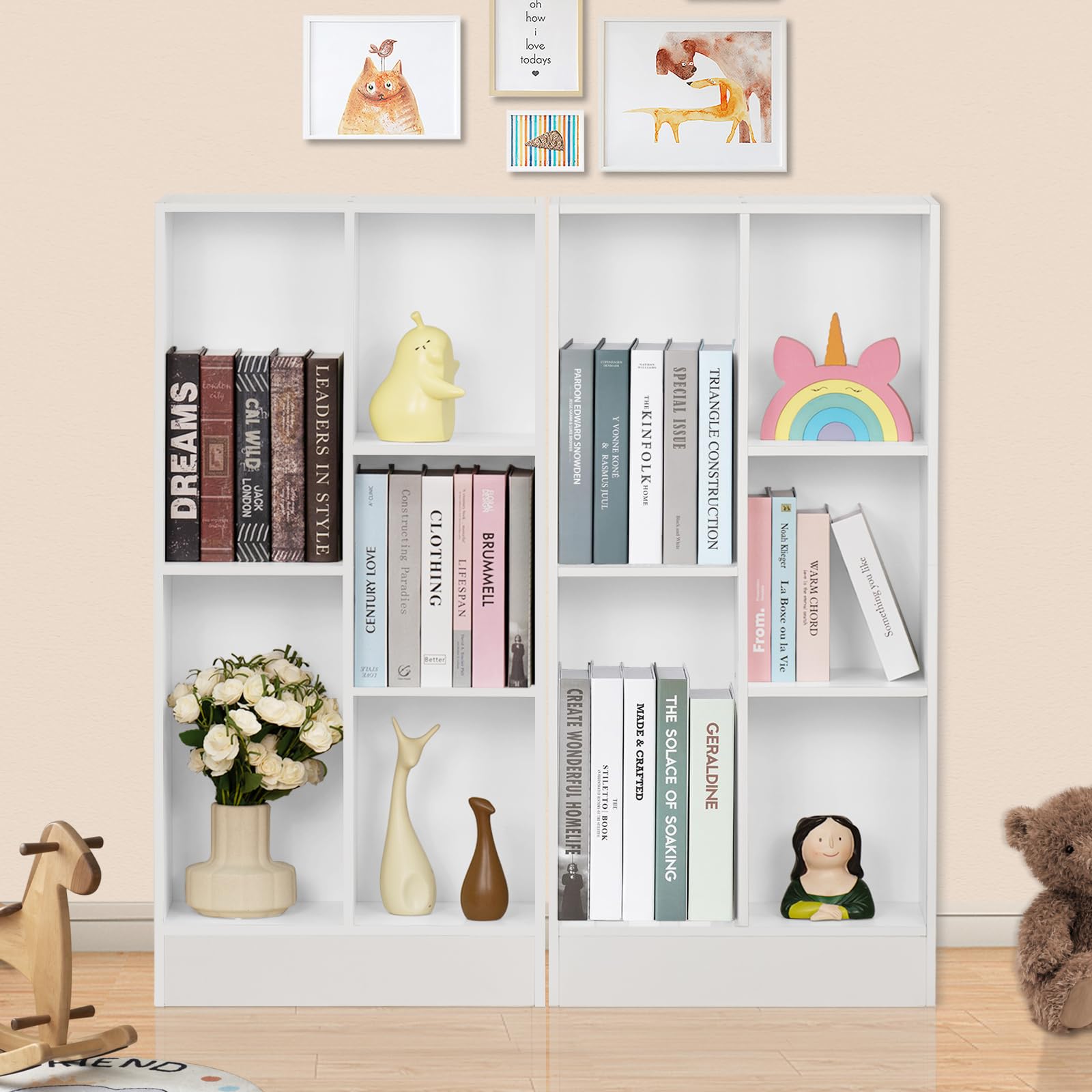 YAHARBO 5 Cube White Bookshelf,Small Modern Horizontal Bookcase,Wood Floor Standing Low Bookshelves Display Storage Cabinet with Base, Short Book Shelf Open Organizer for Bedroom,Living Room,Office