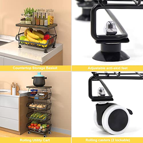 BEEY Vegetable Storage Rack with Wood Tabletop 5 Tier Stackable Storage Baskets with Wheels Vegetable Fruit Baskets Utility Cart Rack for Pantry,Garage