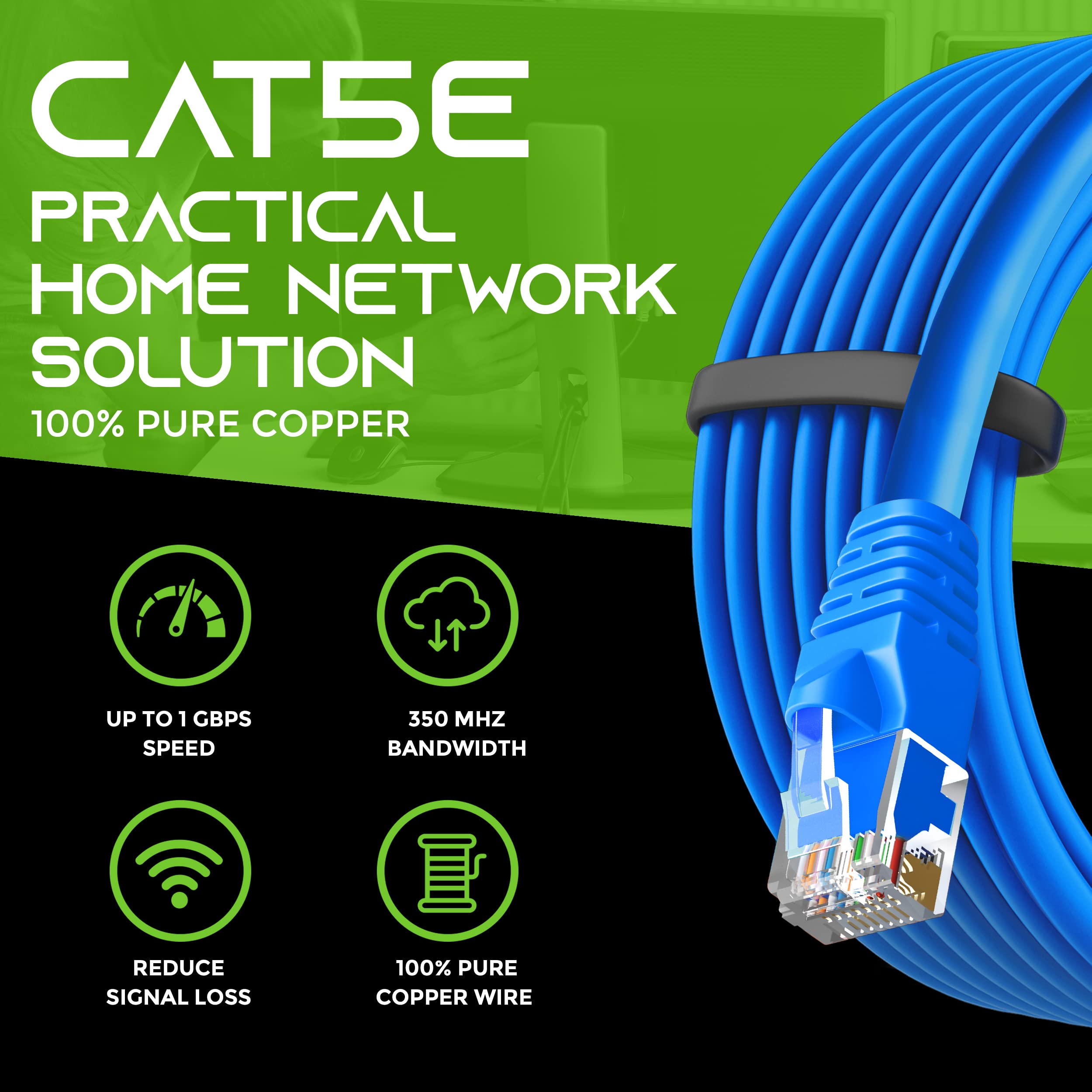GearIT 100-Pack, Cat5e Ethernet Patch Cable 1 Foot - Snagless RJ45 Computer LAN Network Cord, Blue
