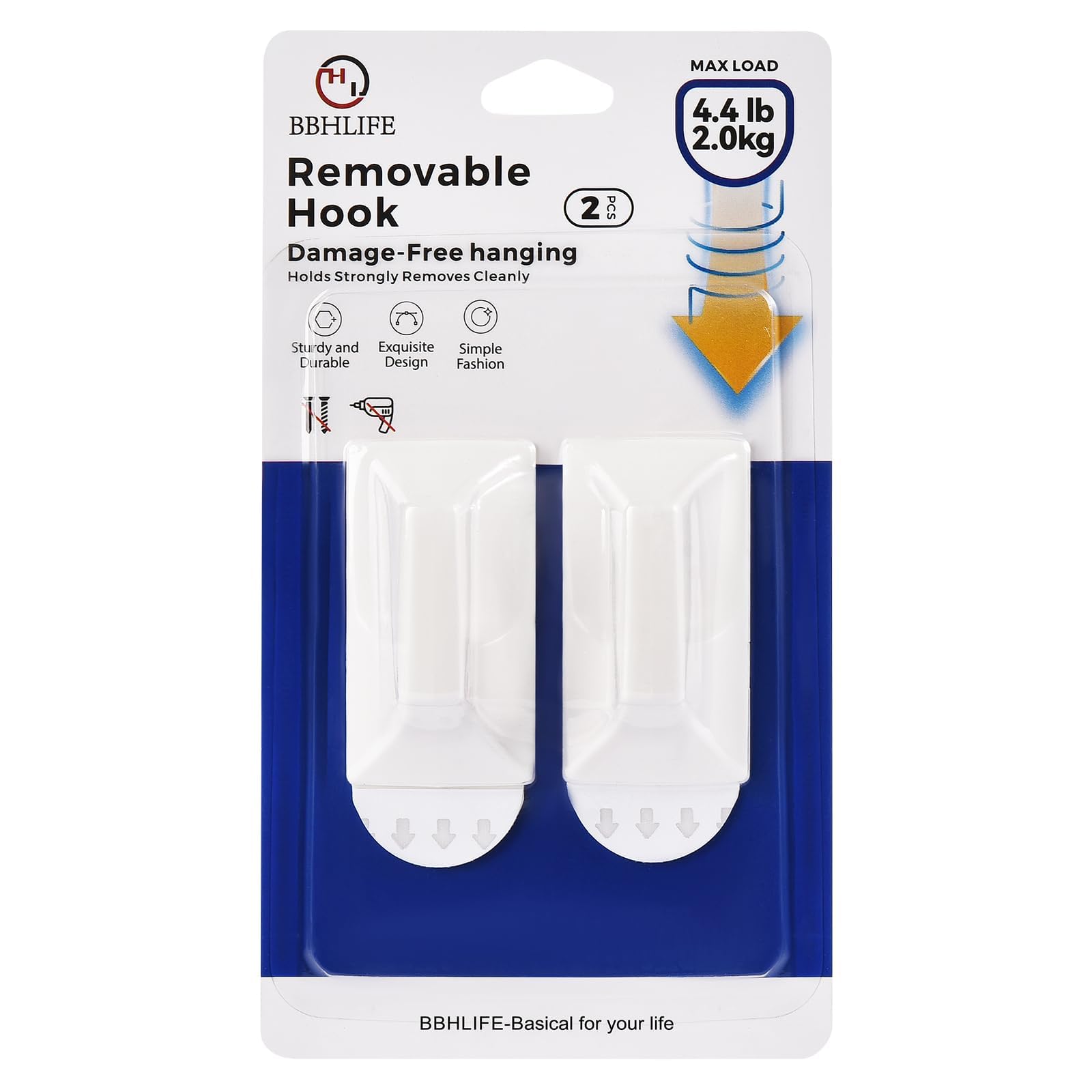 BBHLIFE Wall Hooks 4.4lb/2KG(Max load) Removable Hooks, Waterproof and Oilproof, suitable for Bathroom, Kitchen, damage-free Hooks, No Tools Wall Hooks for Hanging Christmas 2 PCS/PACK