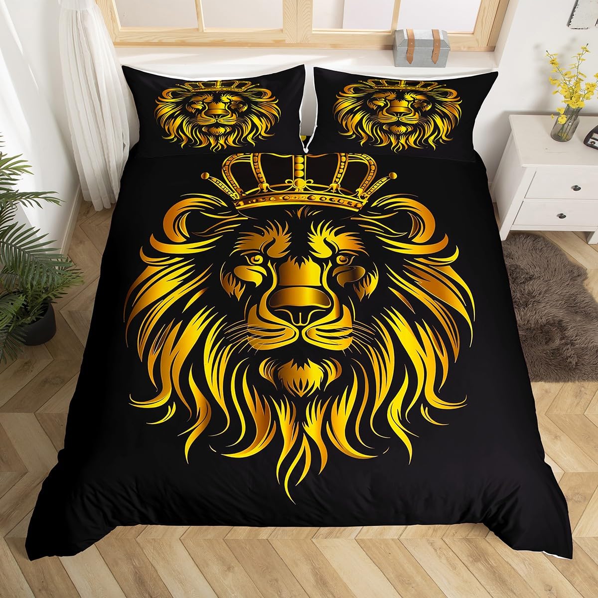 Castle Fairy Gold Roaring Lion Print Bedding Cover King Wild Animal King Comforter Sets for Adults Black Base 3 Pieces Duvet Sets(1 Duvet Cover 2 Pillow Cases),No Comforter