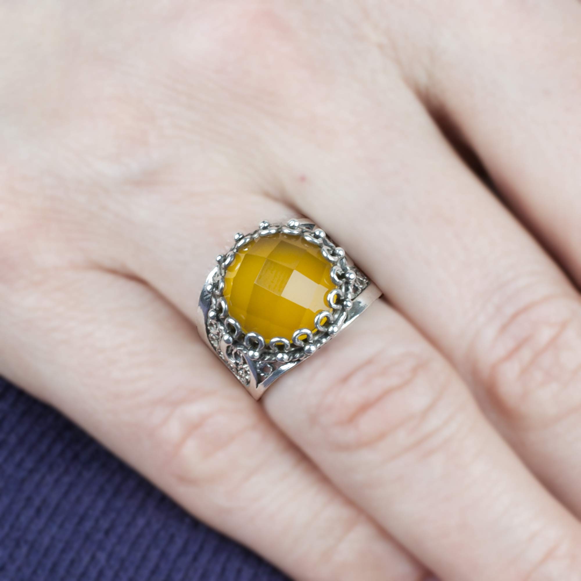 925 Sterling Silver Yellow Chalcedony Round Filigree Paisley Ring (Size 6-10) (6)
