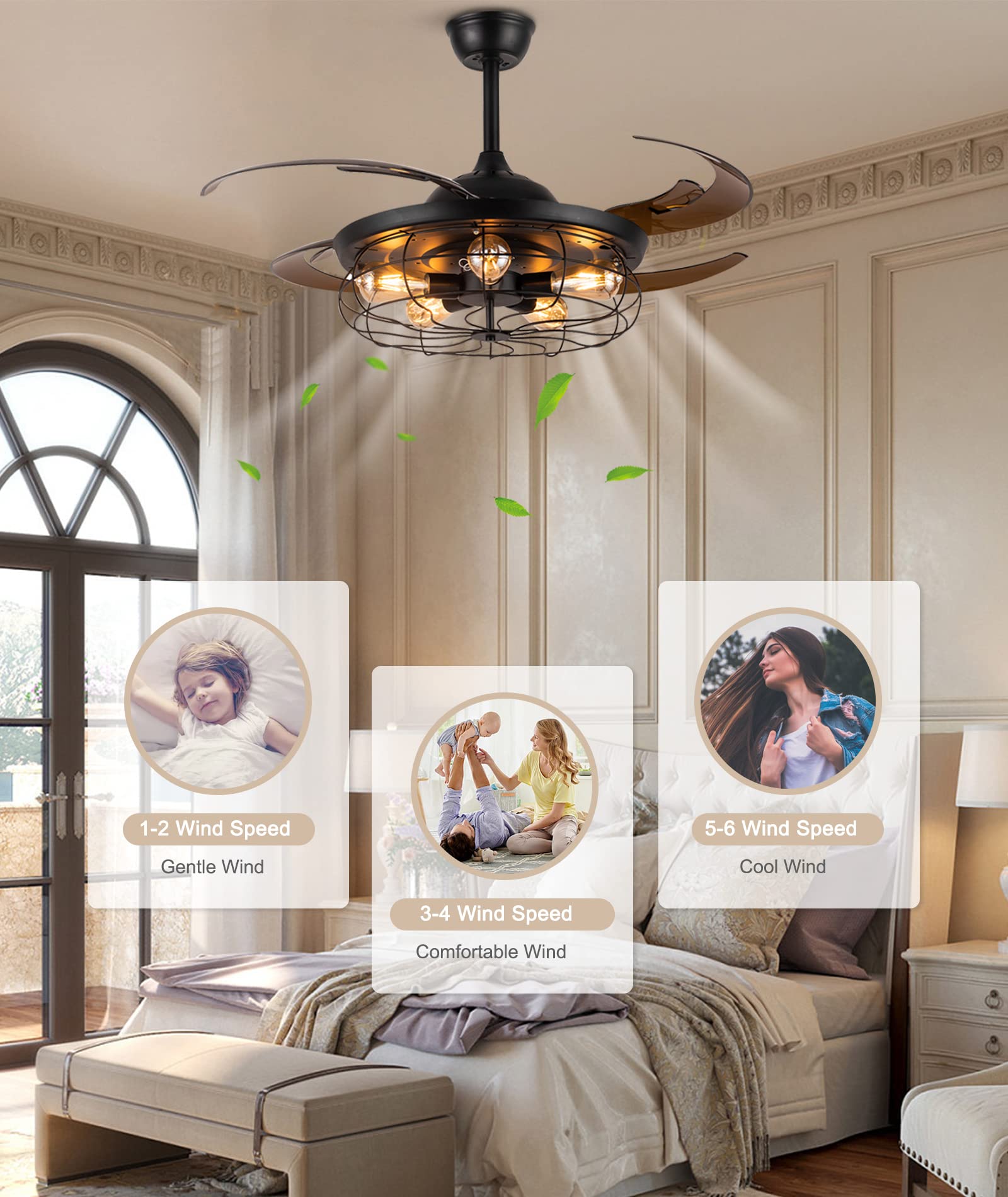 APBEAMLighting 48 Inches Retractable Ceiling Fan Industrial Caged Ceiling Fan Reversible Blades Black Farmhouse Ceiling Fan with Lights and Remote Control for Living Dining Room