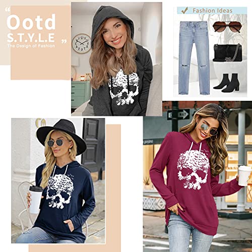 Calvin&Sally Women's Casual Lightweight Hoodies Long Sleeve Skull Graphic Tee Shirts Drawstring Pullover Hoodie Sweatshirts Tops with Pocket (Grey,XL)