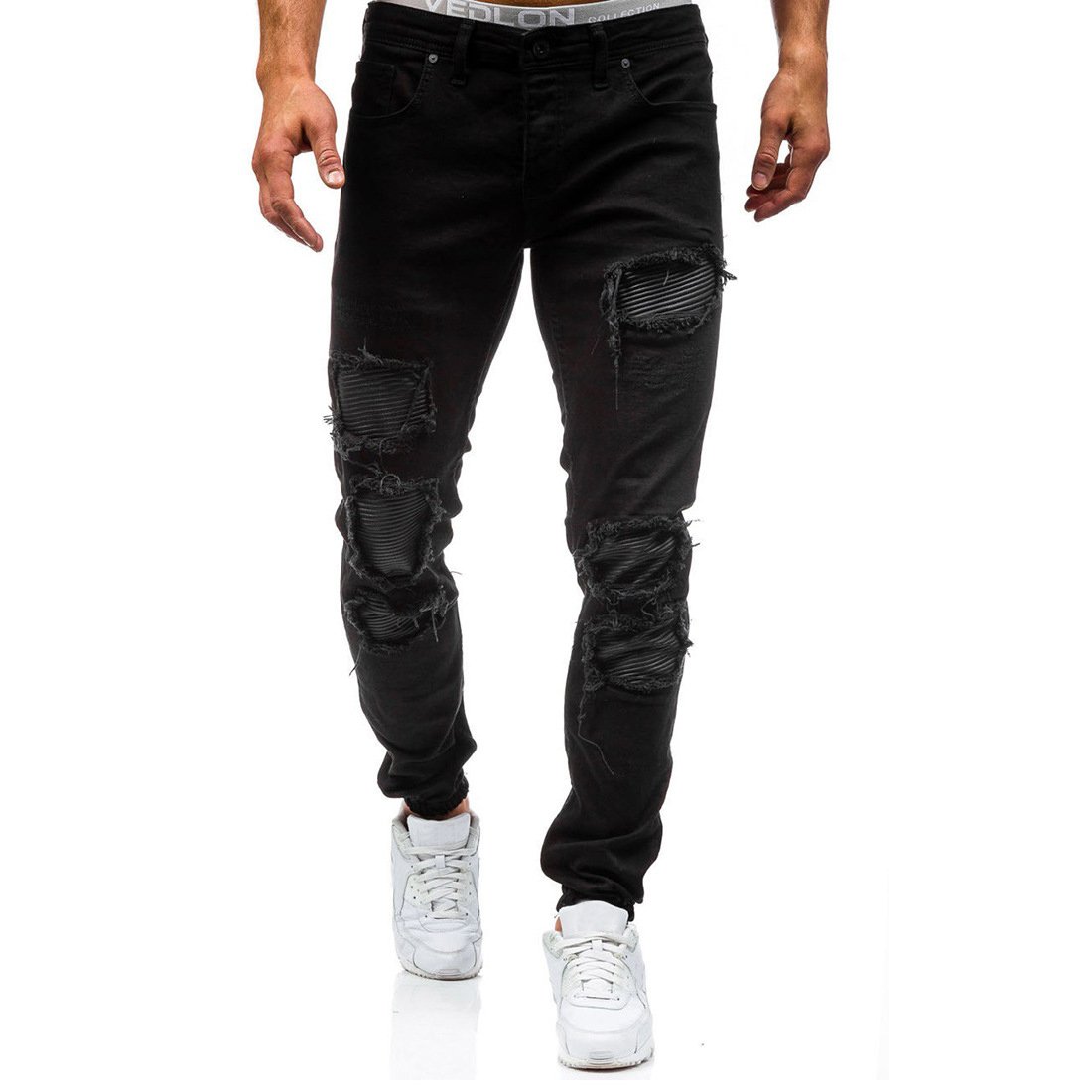 AOWOFS Men's Jeans Distressed Ripped Biker Moto Denim Stretch Slim fit Zipper Pants