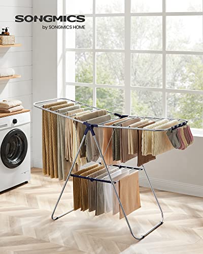 SONGMICS Clothes Drying Rack, with Bonus Sock Clips, Stainless Steel Gullwing Space-Saving Laundry Rack, Foldable for Easy Storage, Silver