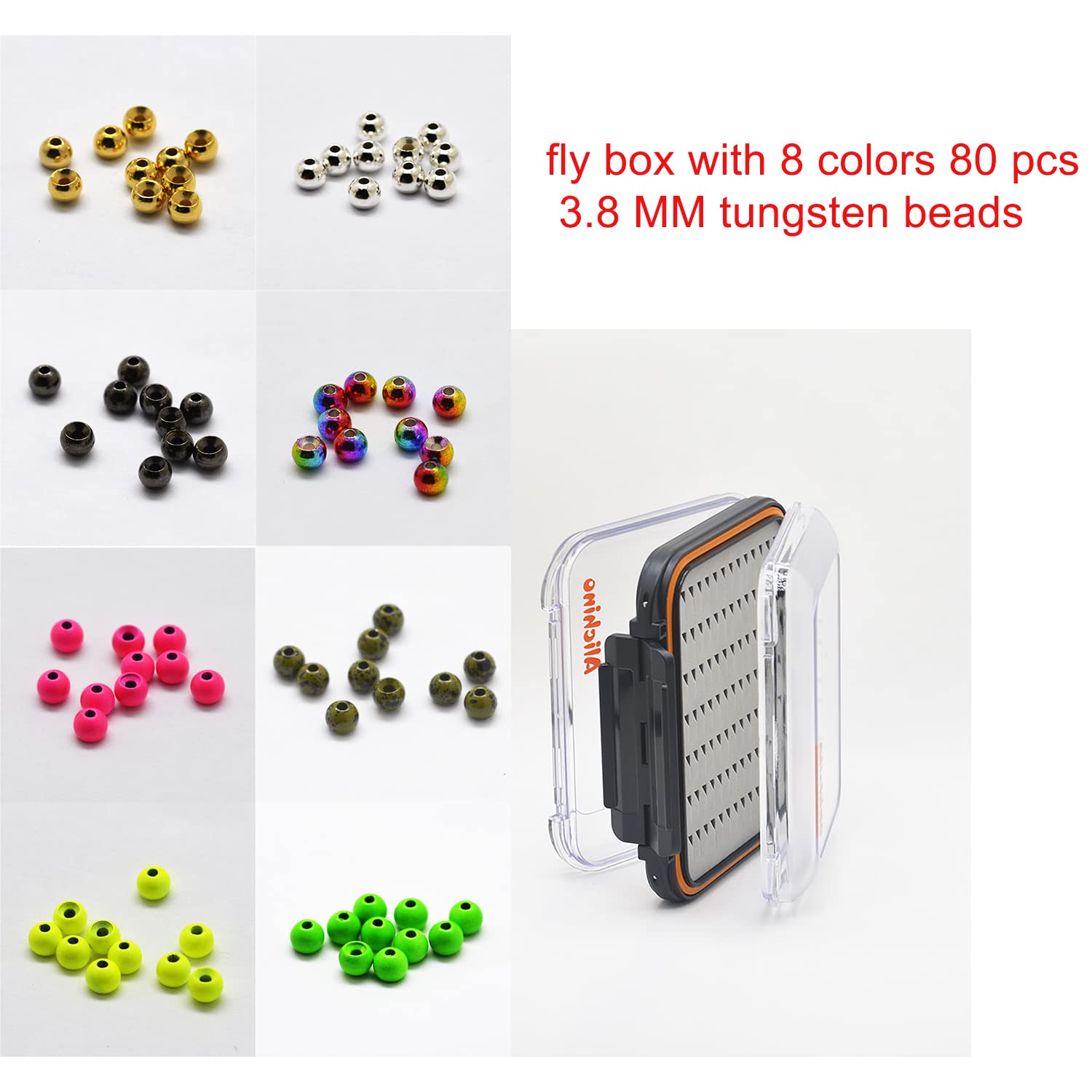 Alichino small fly box for fly files ice jig box fly box for fly fishing (grey foam box with 8 colors 80 pcs 3.8 MM tungsten beads)