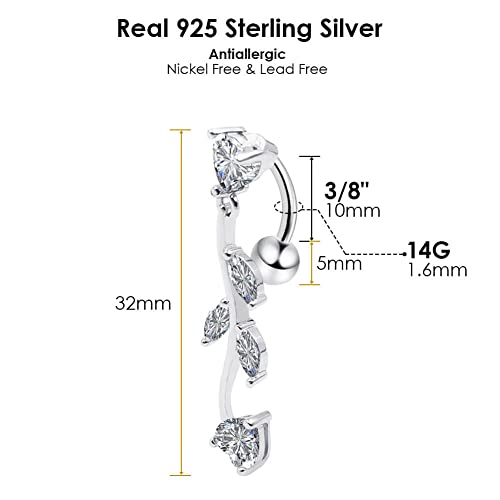 Arardo Sterling Silver Top Down Reverse Belly Button Rings, Real 925 Sterling Silver Belly Rings, 14G Reverse Belly Button Ring, Sterling Silver Navel Piercing Rings, Dangle Leaves, 10mm, SS50-1