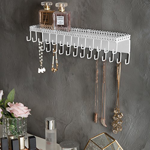 MyGift White Metal Wall-Mounted Jewelry Hanging Shelf with 26 Necklace Hooks, Set of 2