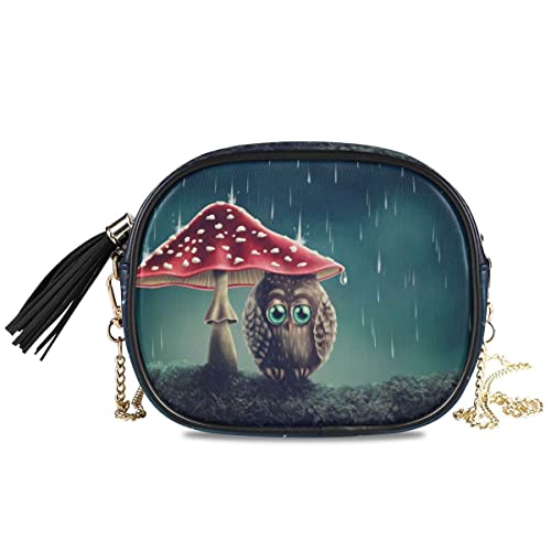 ALAZA Owl Bird Mushrooms PU Leather Small Women Crossbody Shoulder Bag Purse Wallet with Adjustable Chain Strap