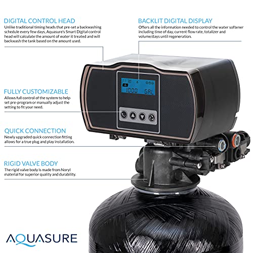 Aquasure Harmony Series 64,000 Grains Whole House Water Softener Bundle with Automatic Digital Metered Control Head and Triple Purpose Sediment/GAC/Zinc Pre-Filters, Reduces Hardness (4-6 bathrooms)