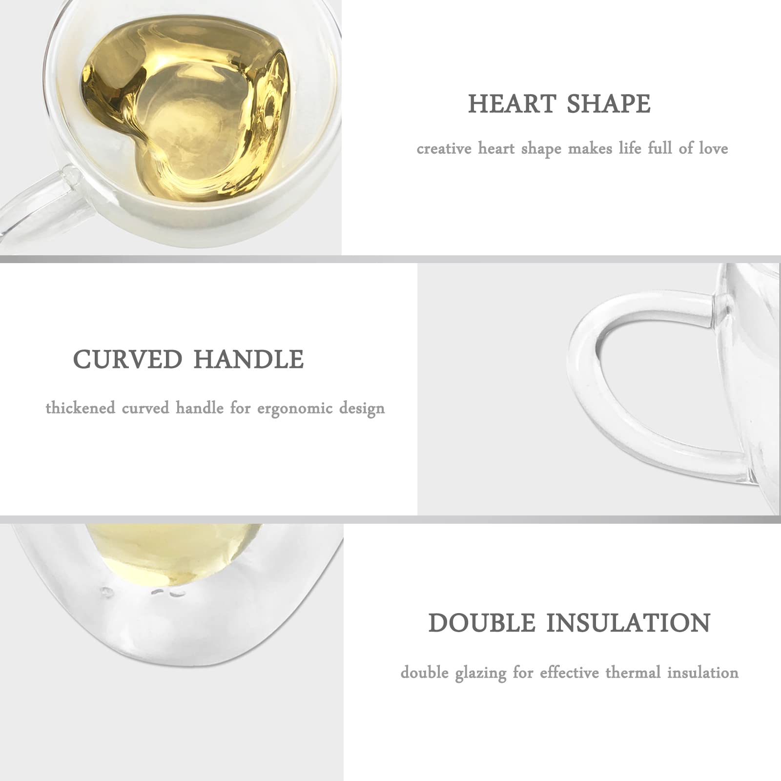 Asng Heat resistant creative double layer heart cup cup clear glass milk cup tea milk cup cup coffee cup (240ML/8oz)