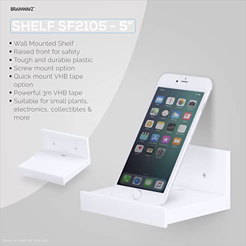 BRAINWAVZ 5β Small Floating Shelf, Adhesive & Screw in, for Bluetooth Speakers, Cameras, Plants, Toys, Books & More, Easy to Install Shelves (Shelf SF2105, White)