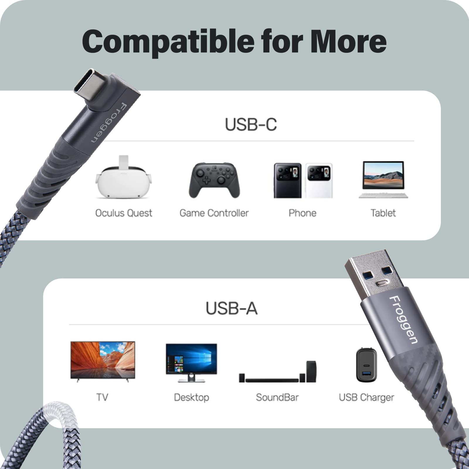 Froggen Link Cable Quest 2 Quest 1 [USB3.2/ 5Gbps] Nylon Braided Quest 2 Link Cable, High Speed Transfer & Fast Charge USB C Cable Compatible for VR Quest Headset and Gaming PC (10FT/3M)