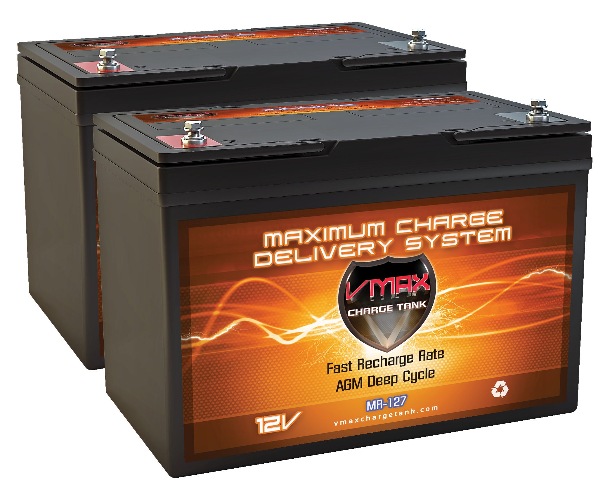 Qty 2 VMAX MR127-100, Two Group 27 12 Volt 100Ah AGM Deep Cycle Marine batteries compatible with 24 Volt trolling motors, 24V 100Ah AGM Battery Kit