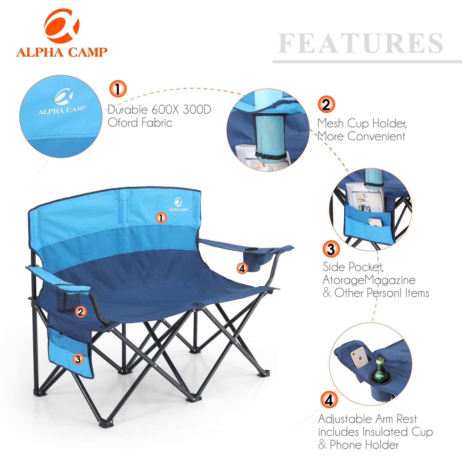 ALPHA CAMP Camping Folding Chair Heavy Duty LoveSeat Support 450 LBS Oversized Steel Frame Collapsible Double Chair with Cup Holder for Outdoor