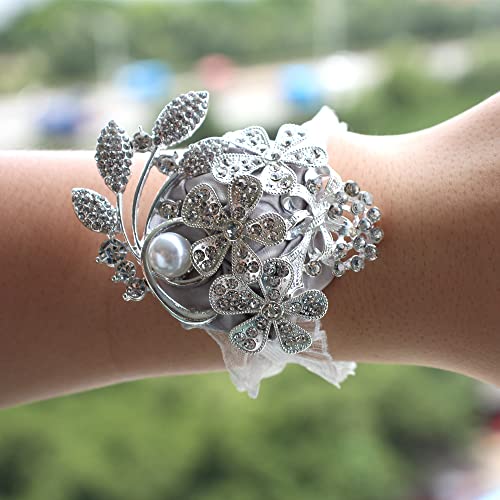 WANLIAN Wrist Corsage with Peal and Rhinestone Corsage and Boutonniere Set for Wedding,Prom,Party (Silver Gray,2 Pieces)