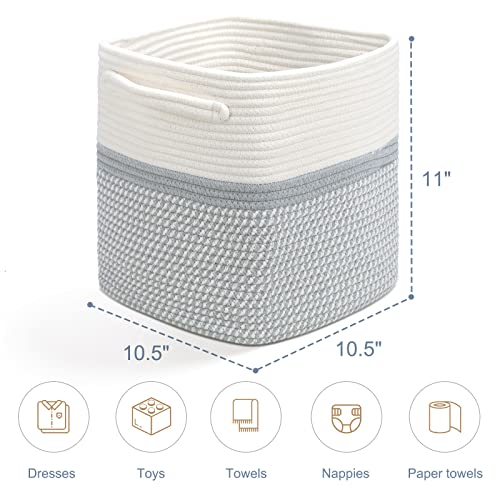 LOVSTORAGE Rope Laundry Basket, 3 Pack Woven Basket Rope Basket in Living Room Modern Hamper Basket in Laundry Room for Blankets Toys Throws Pillows Towels 12"x12"x12" White/Grey