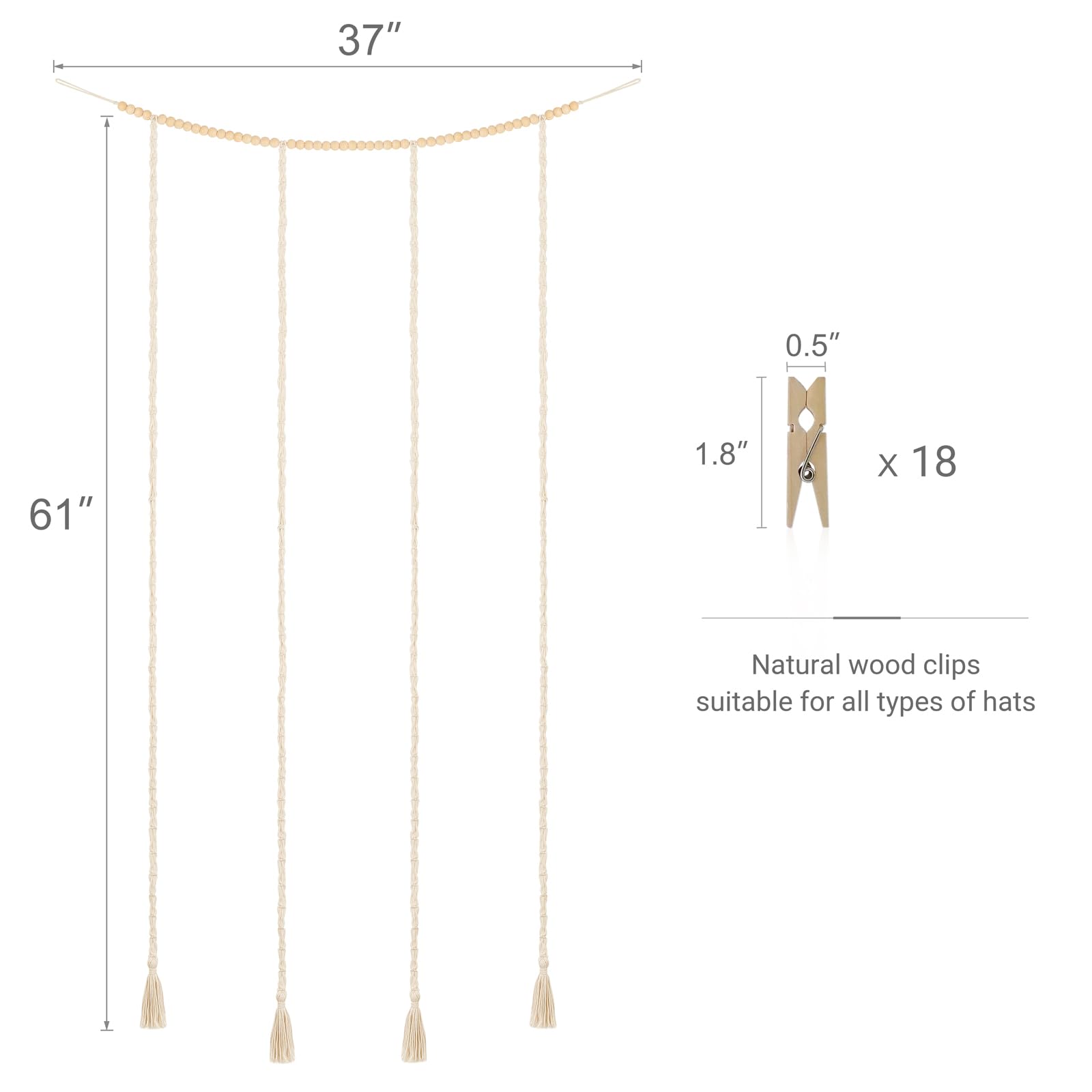 Mkono Hat Rack Hat Hangers for Wall Boho Macrame Hat Holder with Decorative Tassels and 18 Clips Modern Cowboy Womens Caps Storage Display Organizer for Wide Brim Bowler Fedora Hat