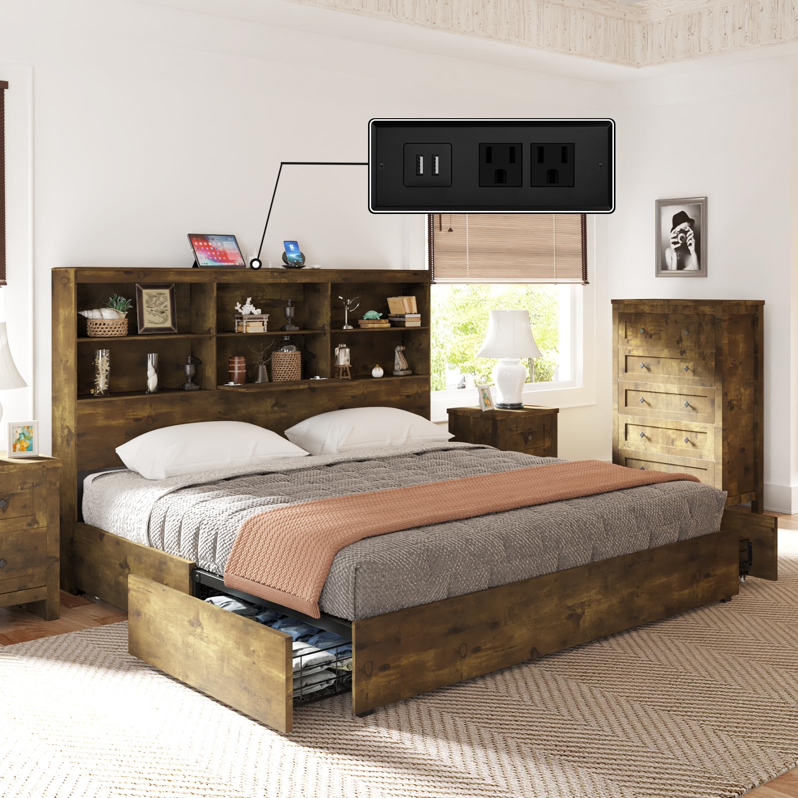 Albott Queen Size Bed Frame with 51.2" Bookcase Headboard, Wooden Platform Bed Frame with 4 Storage Drawers&Charging Station, No Spring Box Needed/No Noise, Rustic Brown