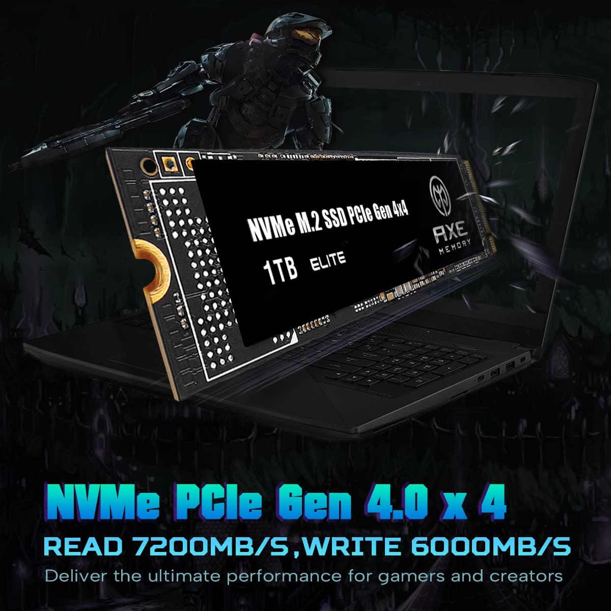 AXE MEMORY Elite Internal SSD 1TB Gen4 PCIe NVMe M.2 2280 Solid State Drive - Read up to 7,200MB/s Write, Up to 6,000MB/s DDR4 1GB DRAM Cache