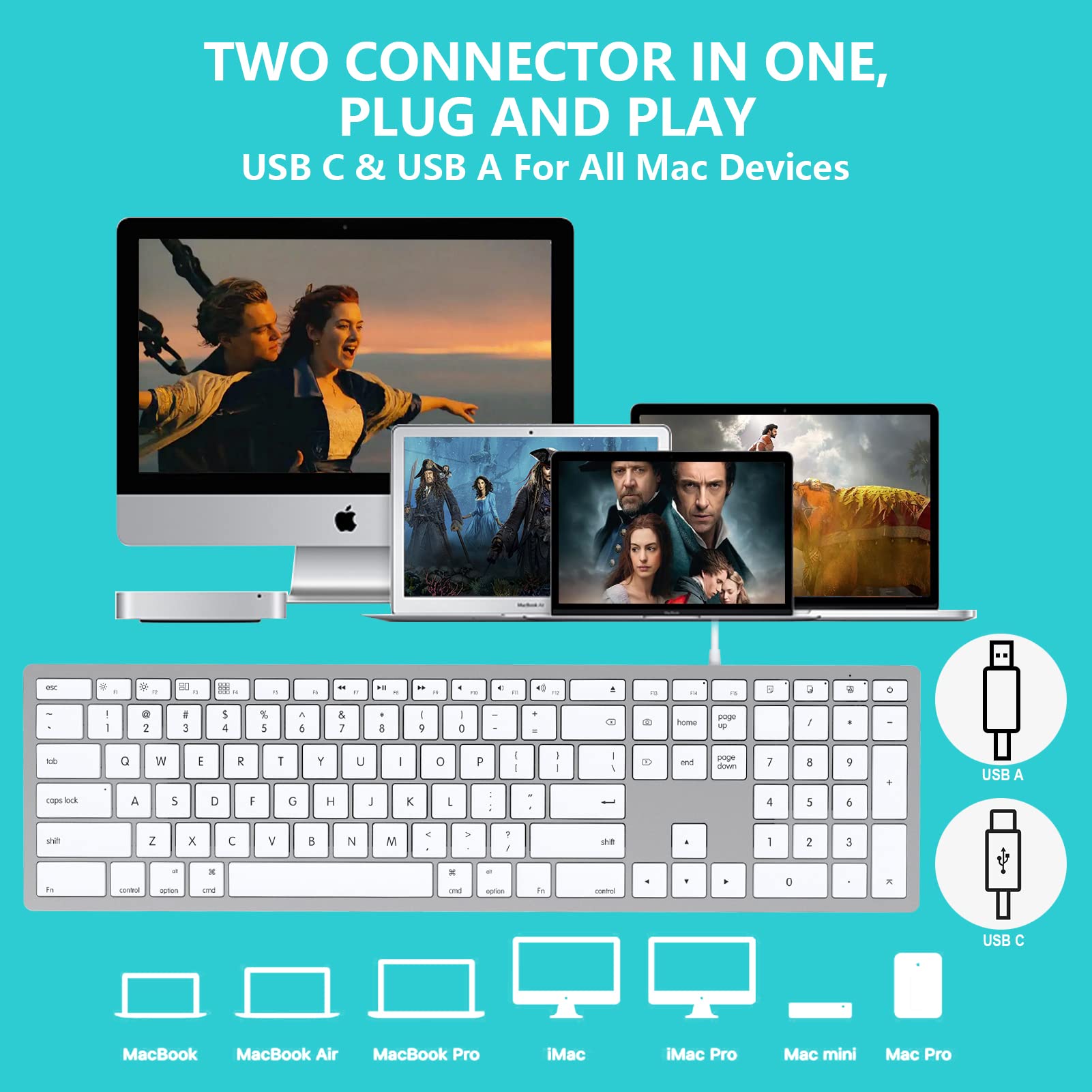 Acebaff Keyboard for Mac,Compatible Apple Keyboard with Large Keys,Full Size Computer Keyboards with 20 Multimedia Shortcut Keys, USB A/USB C Wired Keyboard for Apple Mac Pro/Mini,MacBook Pro/Air,iMac