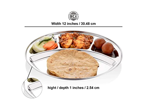King International Stainless Steel Plates, Divided Indian Dinner Plate,Four Section Round Plates Set Of 4, 12'', Section Control Plate, Kids Plate, Indian Thali Plate