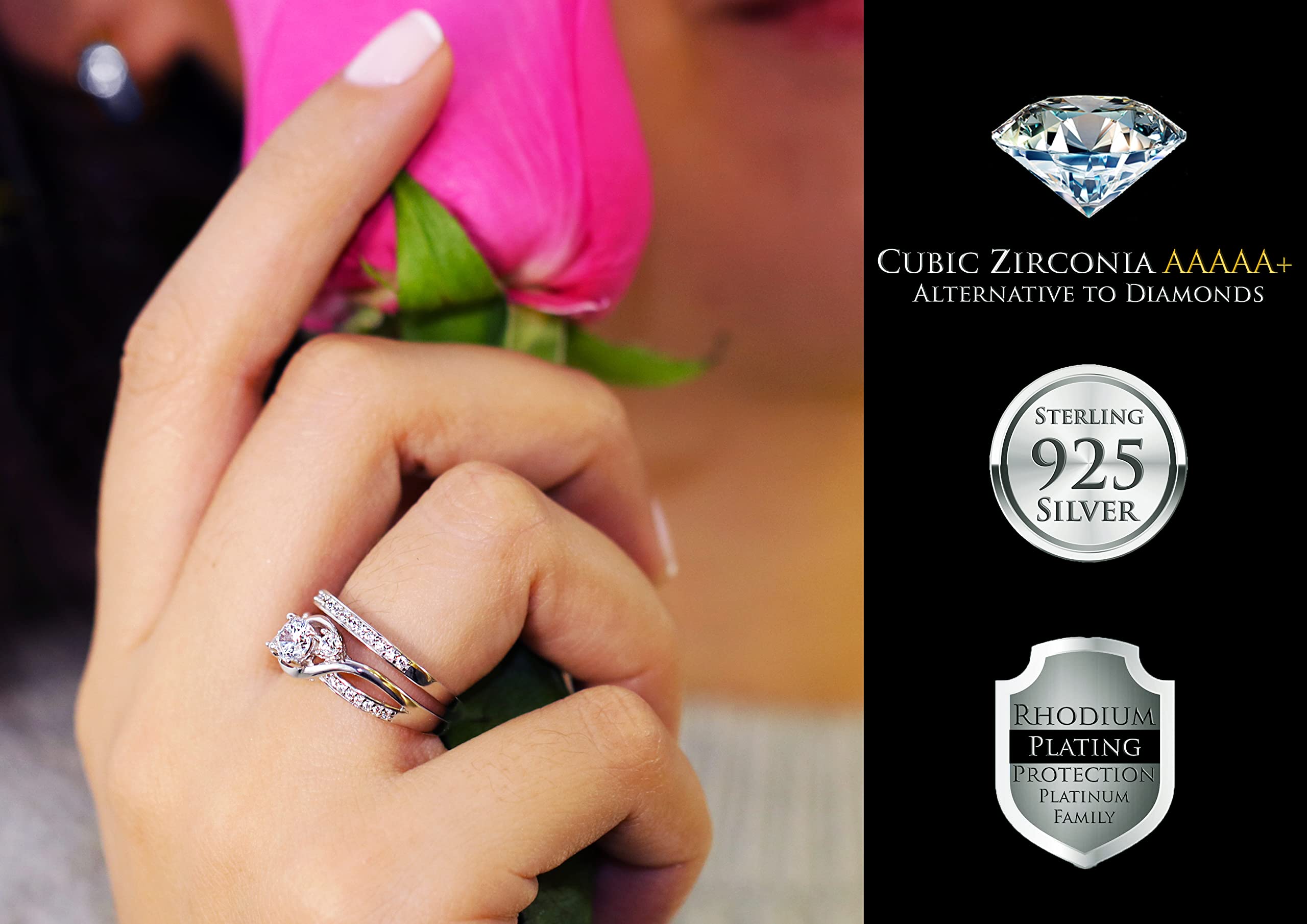 AndreAngel Three-Stone Wedding Ring Set for Women, Solid Sterling Silver 925, 5A+ Grade Cubic Zirconia Stones 0.5 Carat Rhodium-Platinum Plated