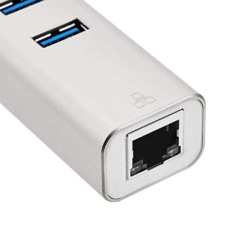 Amazon Basics Aluminum 3-Port USB 3.0 Hub with 10/100/1000 Mbps RJ45 Gigabit Ethernet Port, Silver