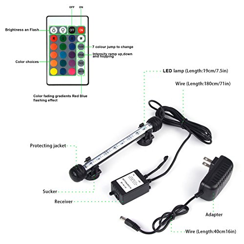 LED Aquarium Light, Remote Control Fish Tank Light, RGB Color Changing Brightness Adjustable IP68 Waterproof Underwater Submersible LED Light, LED Light bar Stick for Fish Tank, 7.5 inch