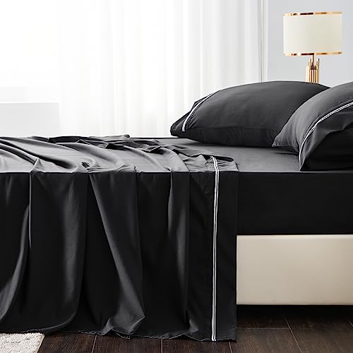 Aisbo Queen Sheet Set Black - Luxury Hotel 4-Piece Embroidered Bed Sheet Set with Easy Fit Deep Pocket, Extra Soft Cooling Bedding Sheet Set with Pillowases, Wrinkle Free, Fade Stain Resistant