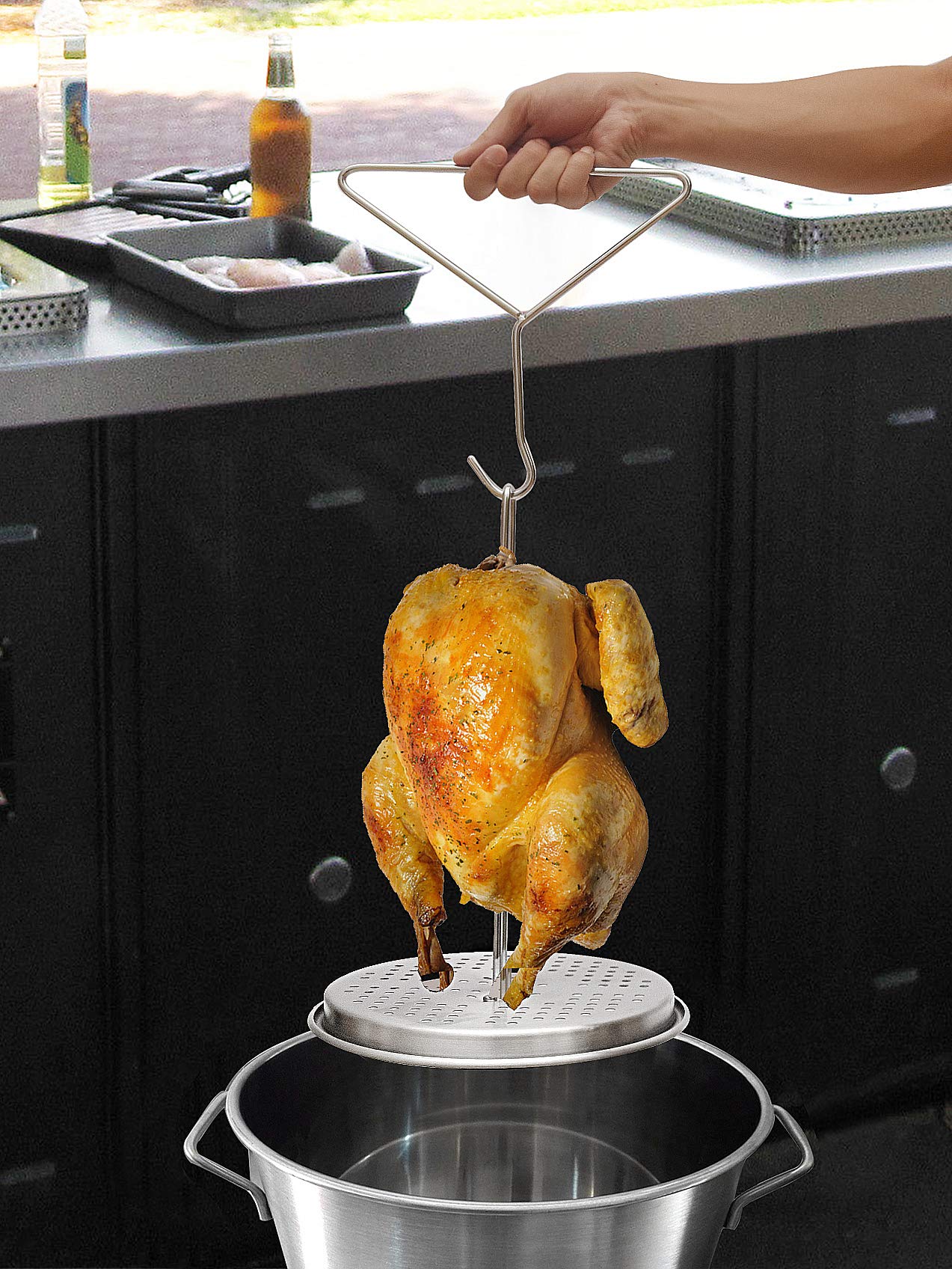 BOHK Turkey Chicken Fryer Poultry Rack Set Deep Frying Rack and Handle lifter Hook Stainless Steel Vertical Chicken Roaster Stand Rack, Heavy Duty Aluminum Roasting Drip Pan (Style A)