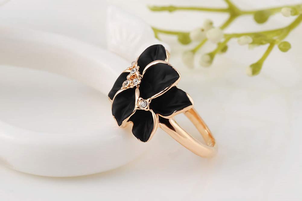 ACEFEEL Rose Gold Plated AAA Zircon Crystal Luxurious Black Enamel Flower Design Cocktail Ring Size 8