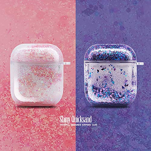 UnnFiko Bling Quicksand Case Compatible with AirPods 1/2, Cute Sparkle Liquid Protective Case, Funny Creative Hard Clear AirpodsĀ 1 & 2 Cover with Keychain (Silver Pink)