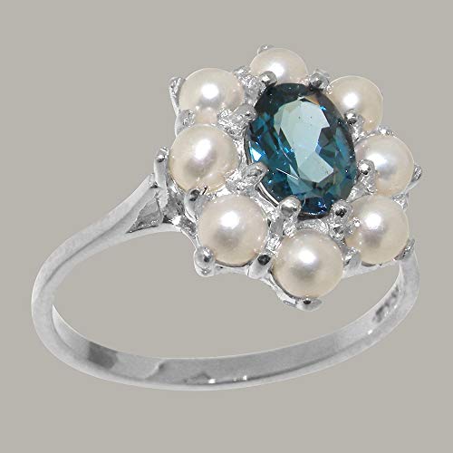 925 Sterling Silver Natural London Blue Topaz & Cultured Pearl Womens Statement Ring - Size 9