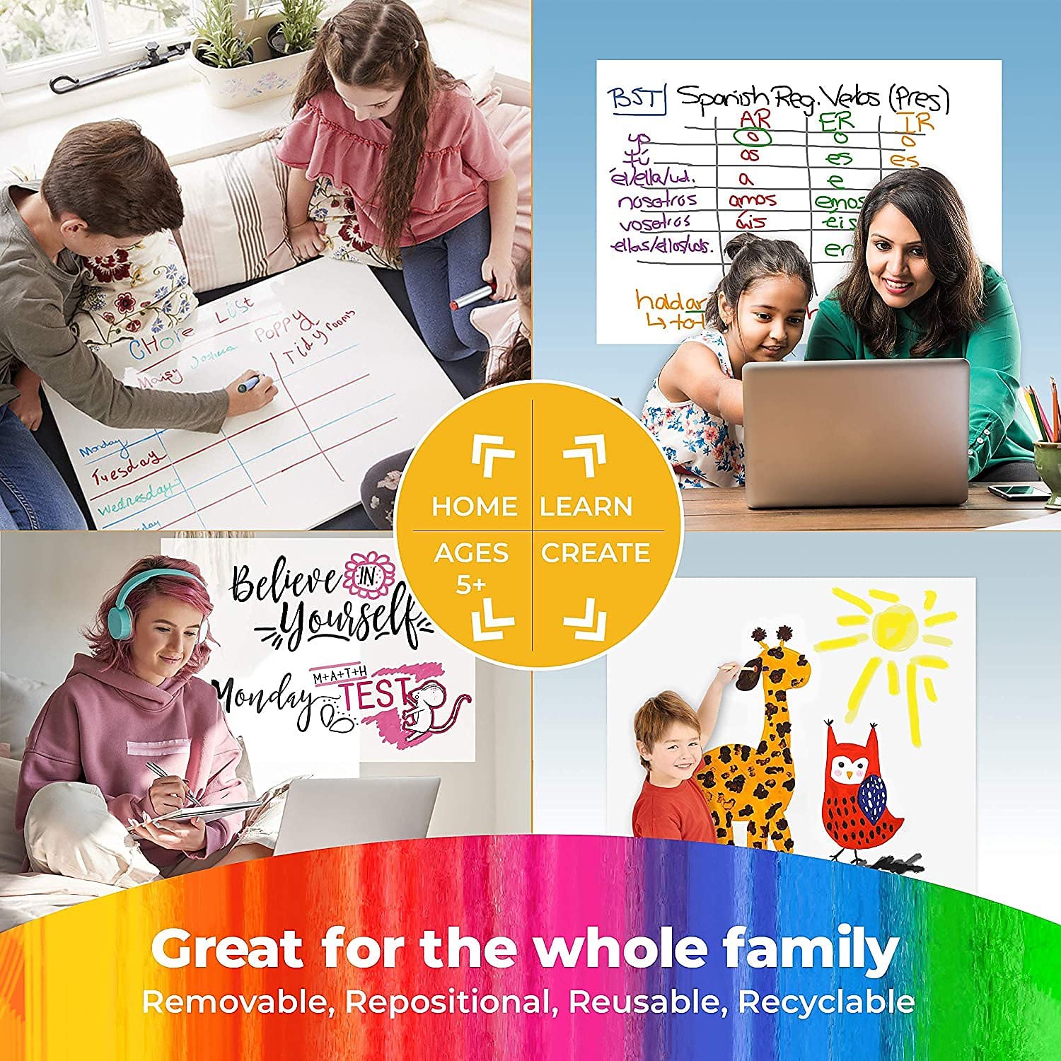 Clingers Dry Erase Kids Cling-rite Rolls, Portable Whiteboard, 50' ft roll, Sheet Size 20x30 for Kids Drawing and Planning, School, Arts and Crafts with 20 White Sheets and Bonus Dry Erase Marker