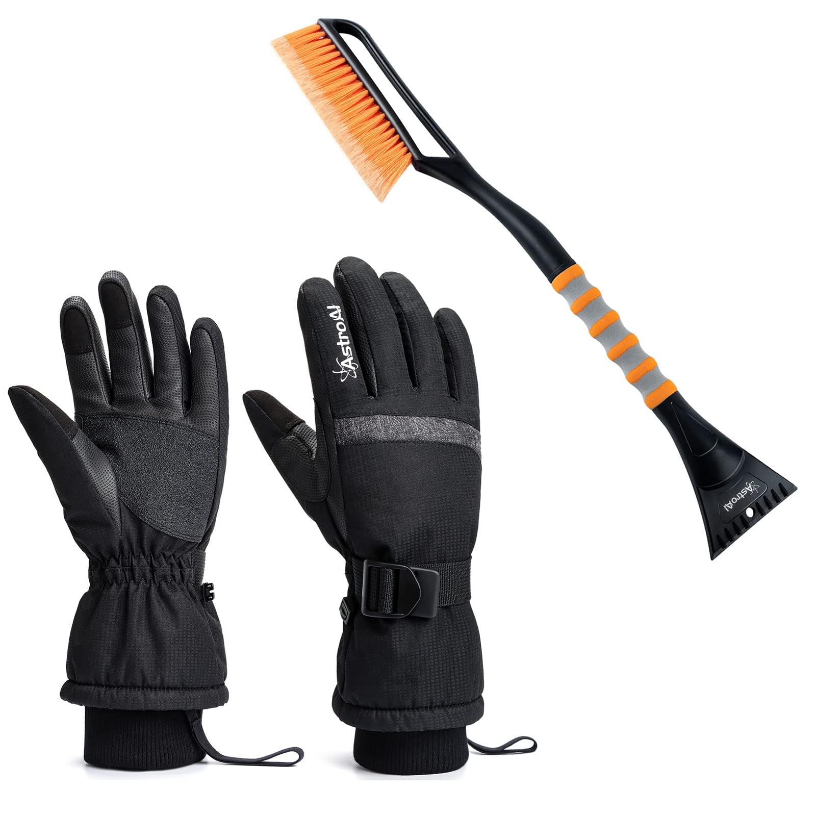 AstroAI 27 Inch Snow Brush and Detachable Ice Scraper Orange+AstroAI Waterproof Gloves Winter Gloves Men Snow Gloves