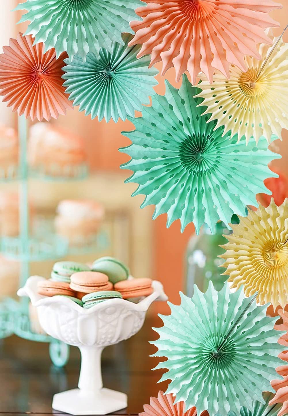 Boho Rainbow Party Decorations/Mint Peach Birthday Party Decorations/Mint Peach Baby Shower Decorations/7pcs Tissue Paper Fan Flower/Mint Peach Wedding Bridal Shower/