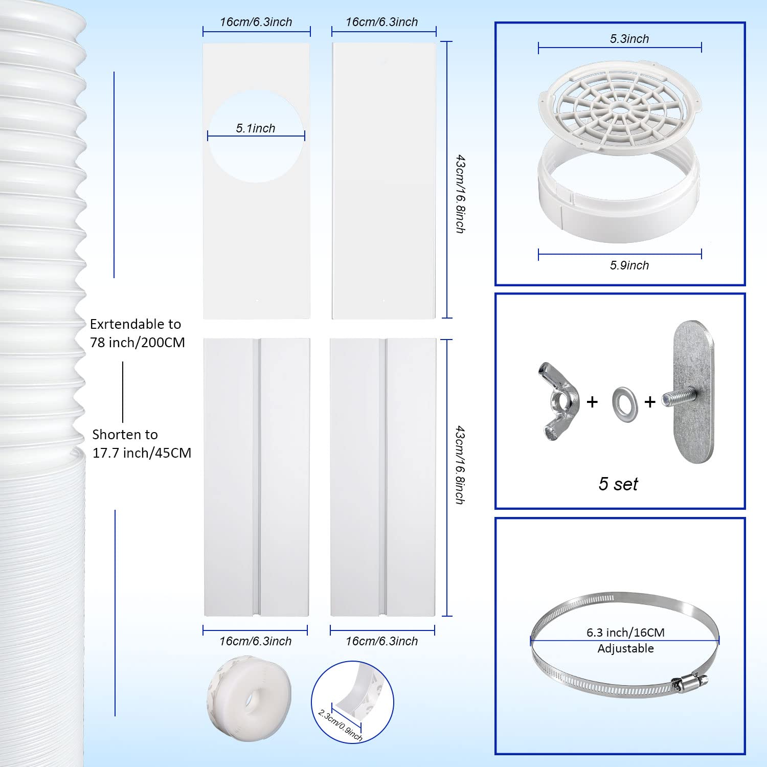 GNILLKO Portable Air Conditioner AC Window Kit with 5.9" Exhaust Hose & Coupler, Adjustable Window Seal Kit Plate for AC Unit, Portable AC Window Vent Kit for Sliding Horizontal & Vertical Window