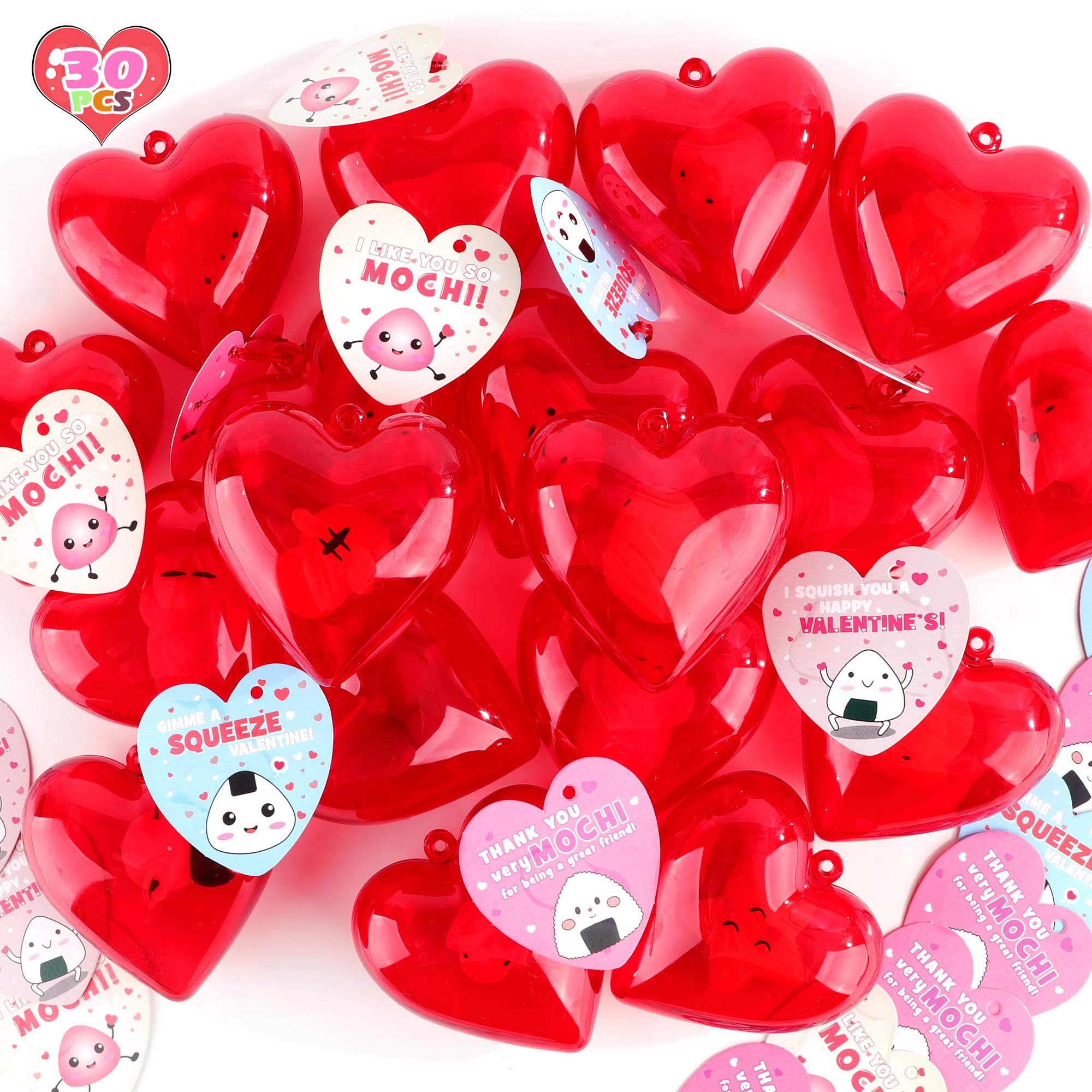 FiGoal 30 PCS Valentine’s Day Kids Gift Mochi Set with 30 Assorted Mochi Filled Hearts and 30 Valentines Gift Cards for Kids Classroom Prize Student Toy Present Valentine Gift Exchange