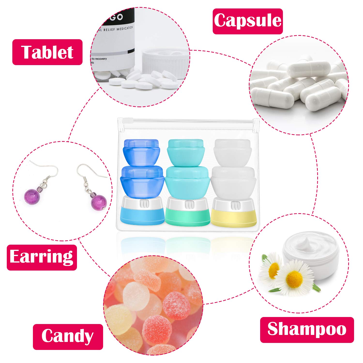 selizo Travel Bottles Containers Silicone and Plastic Cream Jars with TSA Approved Toiletry Case for Toiletries Cosmetic Makeup Body Hand Cream Lotion Shampoo