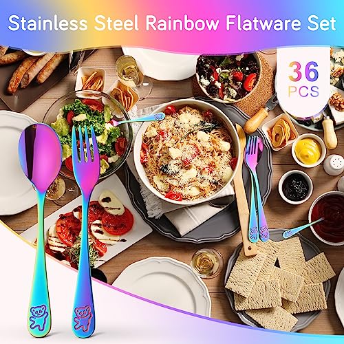 Dandat 36 Pcs Stainless Steel Toddler Utensils, Rainbow Kids Silverware Set Includes Small Kids Spoons and Forks, Metal Kids Cutlery Set, Child Safe Flatware, Dishwasher Safe (UV Rainbow)