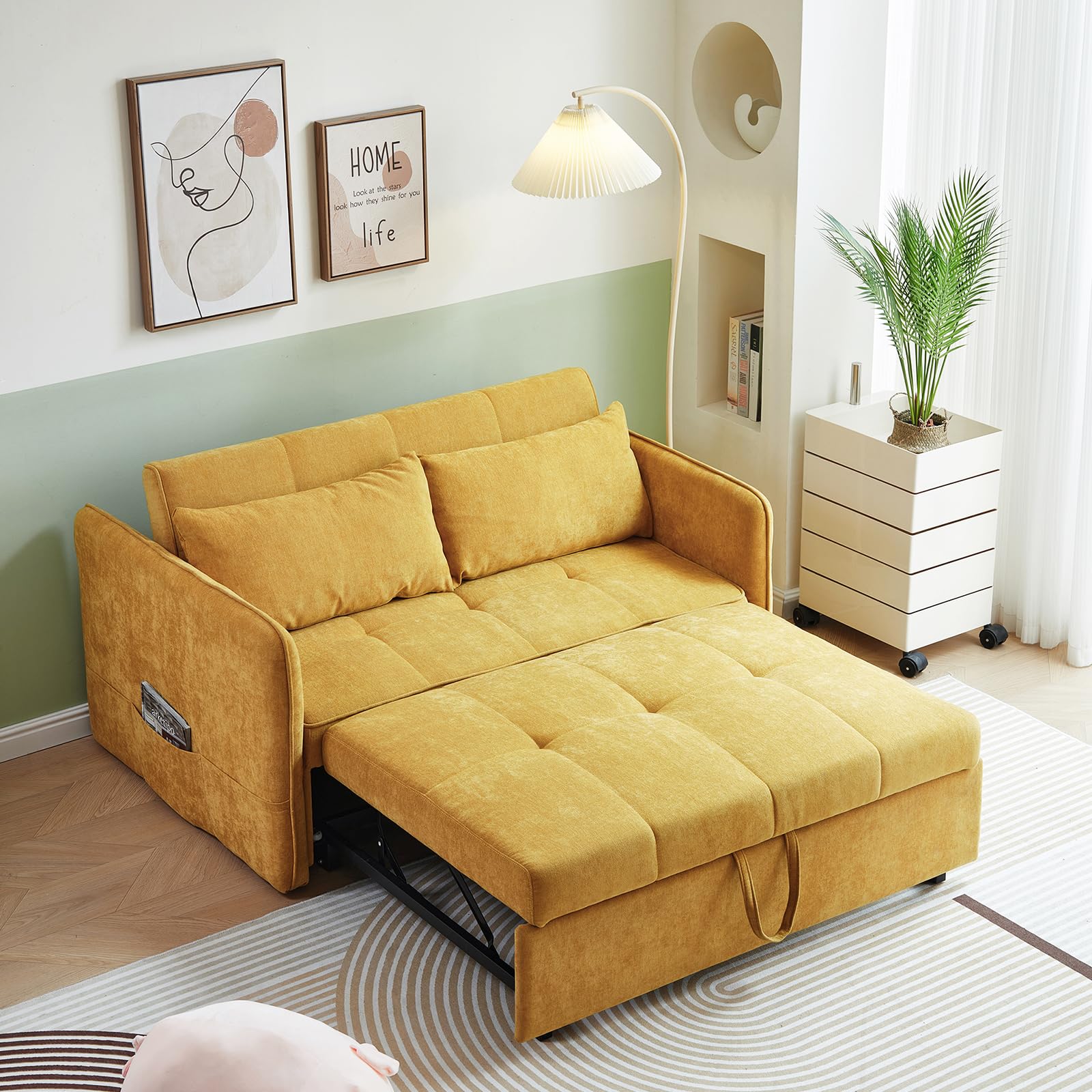 COULDWILL Velvet Pull Out Sofa Bed Convertible Loveseat Sleeper Couch 3-in-1 Sofa Bed Couch with Reclining Backrest and Toss Pillow for Apartment Living Room Bedroom, Black