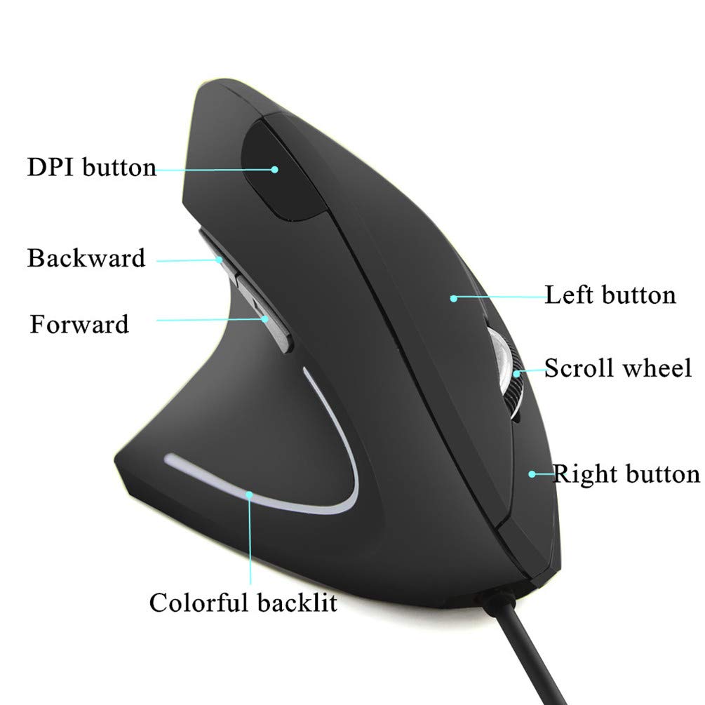 FLY WAY Left Handed Mouse,Ergonomic Vertical USB Wired Mouse 800/1200/1600 DPI Optical 6 Buttons Gaming Mice for PC Laptop Computer Desktop Mac (Left Hand)