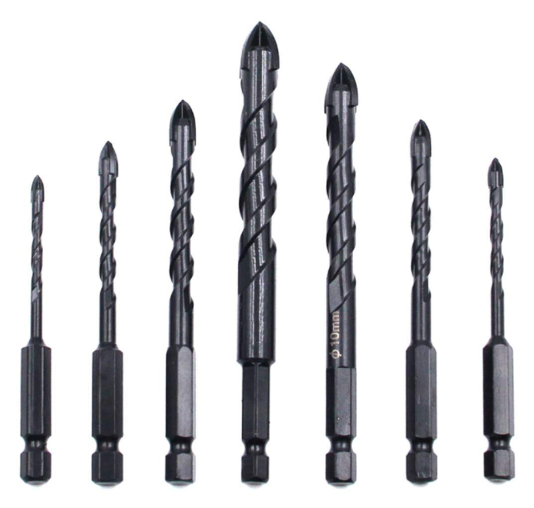 aiyun 7-Piece Concrete Drill Bit Set, 4 Cutting Edges Cross Spear Head Masonry Drill Bit Set, Carbide Tipped Tile Drill Bits (3-12mm(7-Piece), Black)