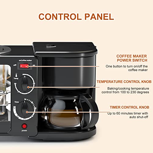 Breakfast Station, Toaster with Frying Pan, Portable Oven Breakfast Maker with Coffee Machine, Non Stick Die Cast Grill/Griddle for Bread Egg Sandwich Bacon Sausages