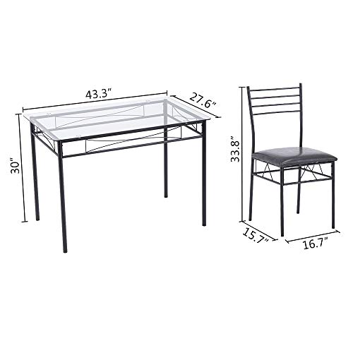 SSLine 5-Piece Glass Dining Table Set with 4 Chairs Small Space Kitchen Table Modern Simple Dining Room Dinette Sets w/1 Tempered Glass Top/Metal Frame Table and 4 Leather Cushion Seat Dining Chairs