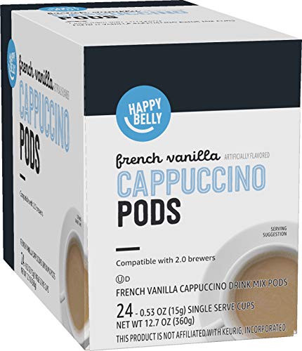 Amazon Brand - Happy Belly Cappuccino Coffee Pods, Light Roast, Compatible with K-Cup Brewers, French Vanilla Flavored, 24 Count